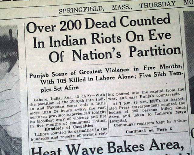 PARTITION OF INDIA Pakistan Independence 1947 Newspaper | eBay