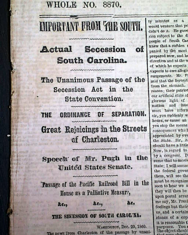 SOUTH CAROLINA Secession Secedes From UNION 1860 Pre Civil War NYC Old ...