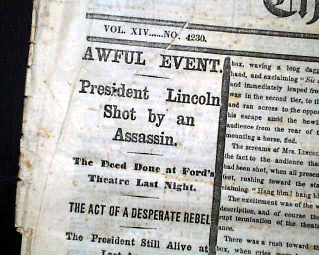 Rare ABRAHAM LINCOLN ASSASSINATION 1st Report NY Times J.W. Booth 1865 ...