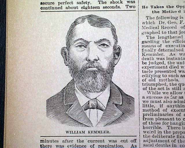 1ST ELECTRIC CHAIR Execution 1st Person Murderer WILLIAM KEMMLER 1890 ...