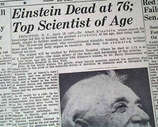 ALBERT EINSTEIN General Relativity Physics Fame DEATH 1955 Old Newspaper | eBay