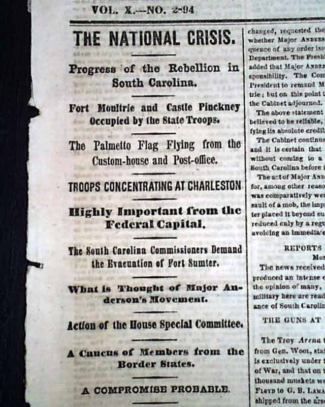 SOUTHERN SECESSION ? Pre Civil War South Carolina Tensions 1860 NYC ...