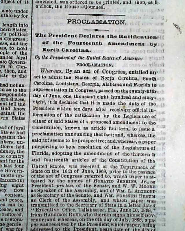 The Fourteenth Amendment Is Ratified RareNewspapers