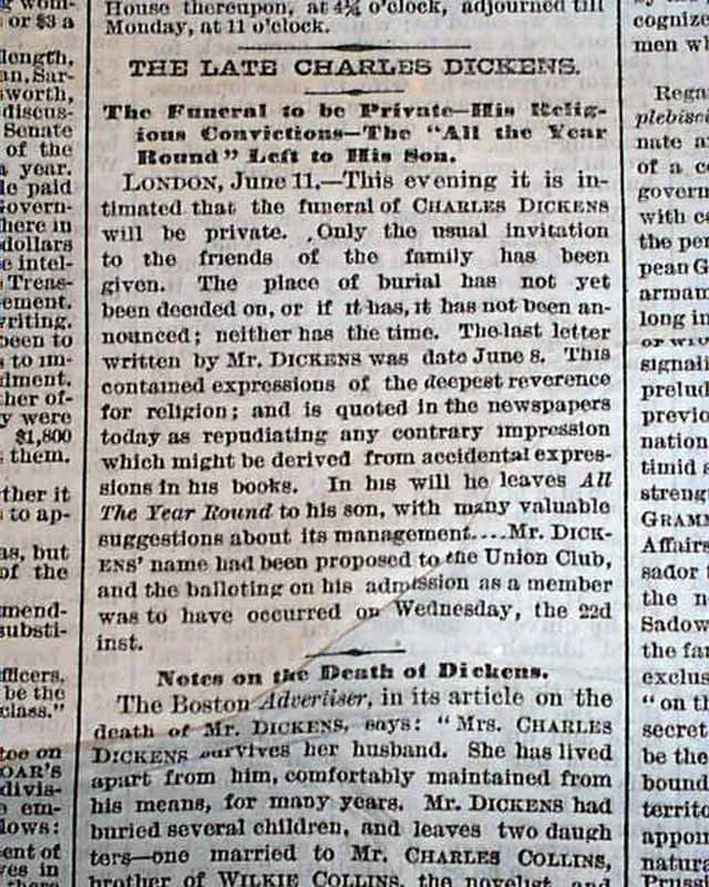 Charles Dickens Victorian Era Writer Novelist Death Funeral 1870 Newspaper Ebay