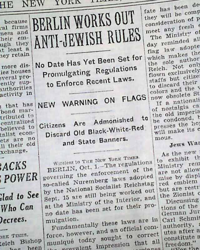 1935 Newspaper NUREMBERG LAWS Jewish Holocaust SWASTIKA FLAG Nazis ...